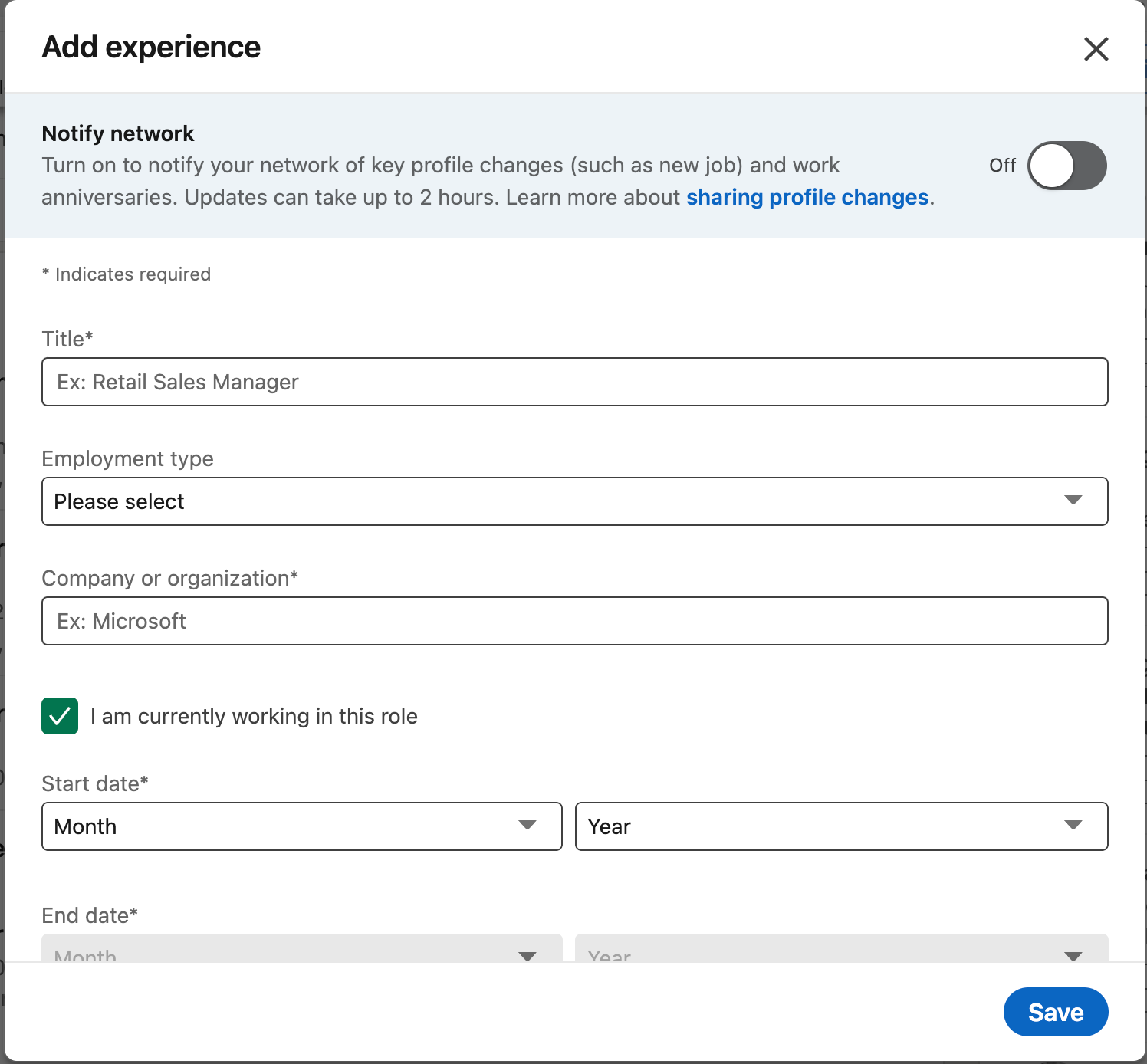 Build the Linkedin "Add experience" form