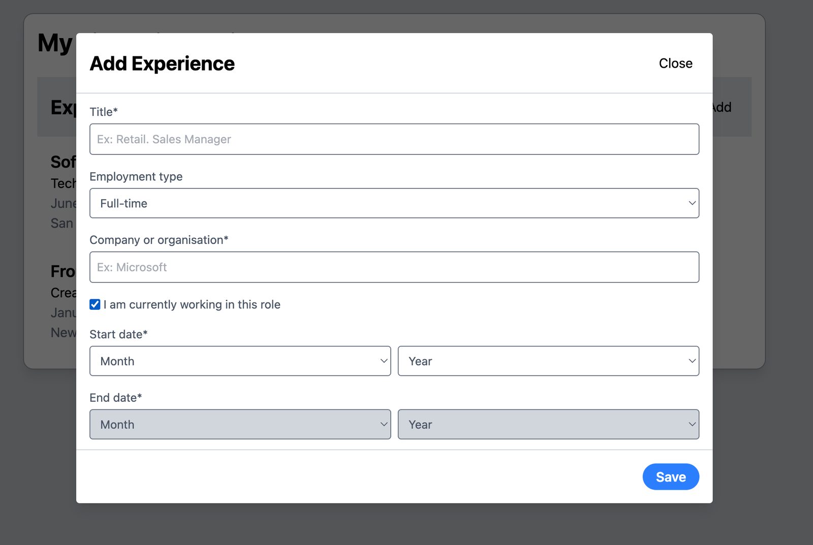 Build the Linkedin "Add experience" form